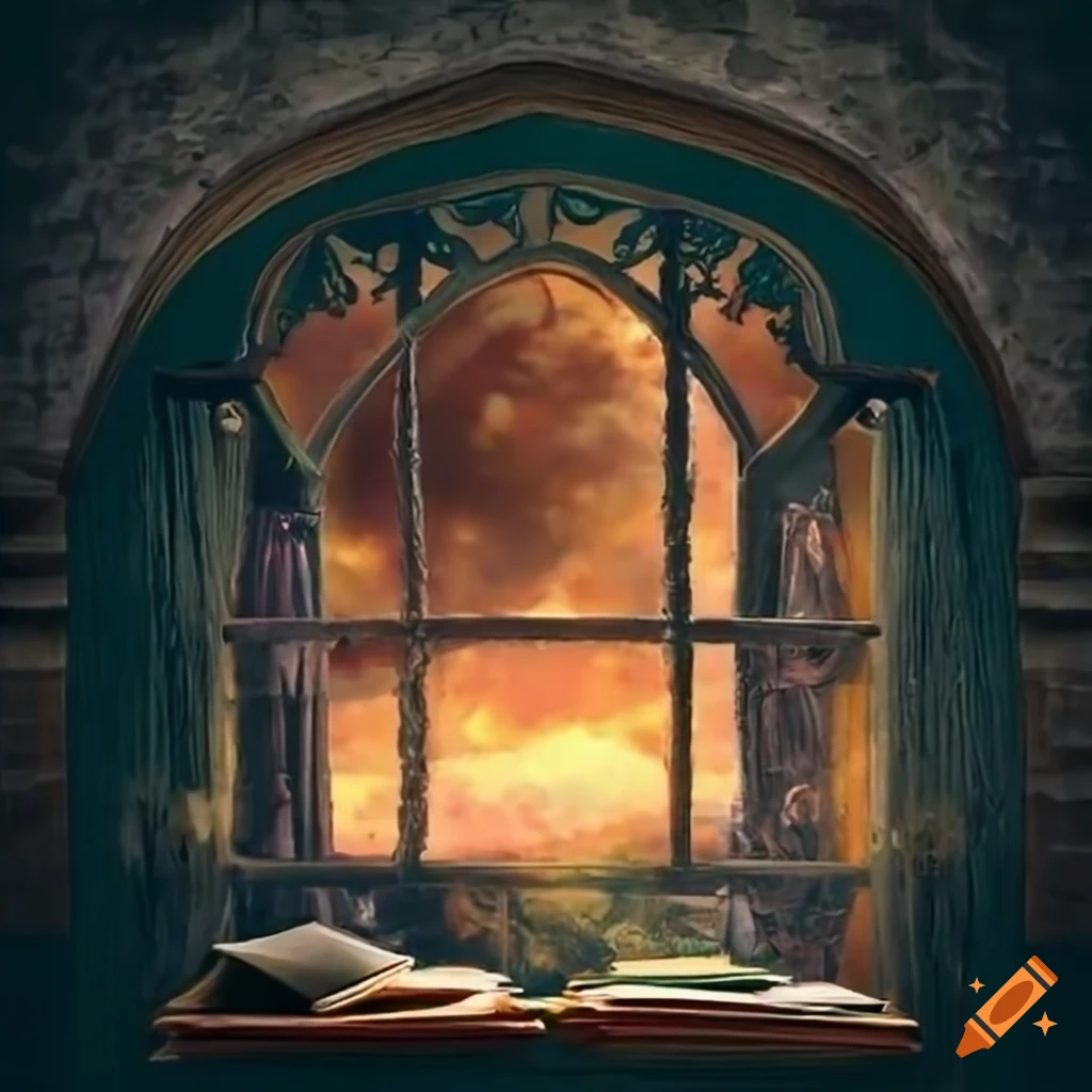 Window in a wizard's study with books and view of trees on Craiyon