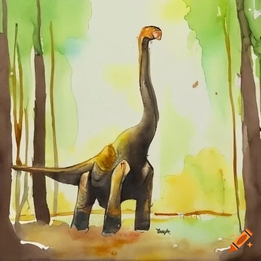 Watercolor painting of a brachiosaurus in a woodland scene on Craiyon