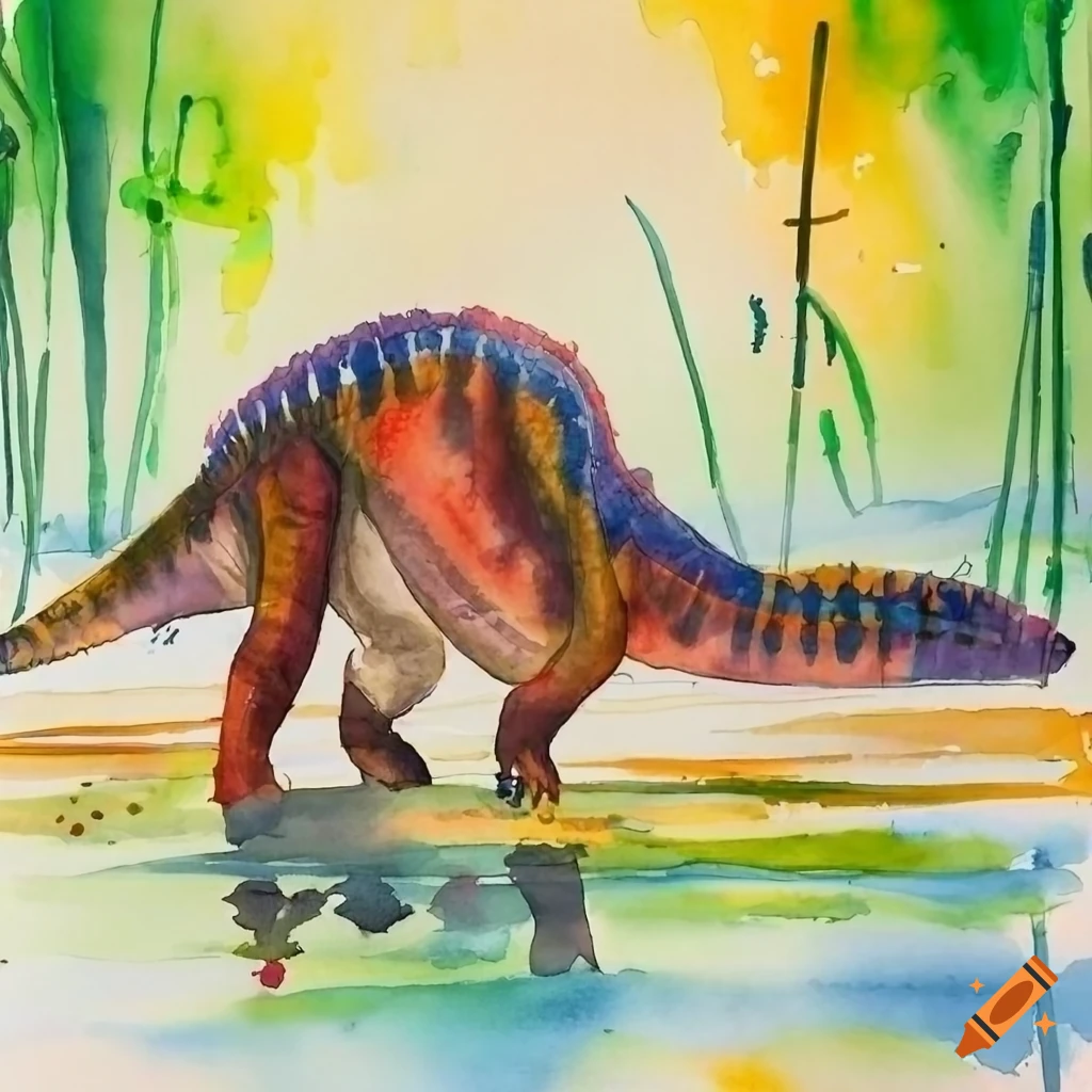 Watercolor painting of a yimenosaurus in the wetlands on Craiyon