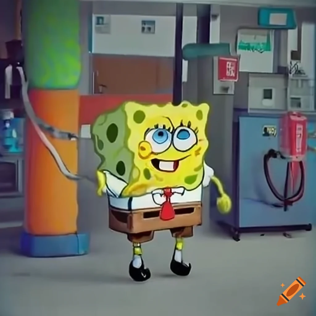 Spongebob at a gas station with a petrol pump on Craiyon