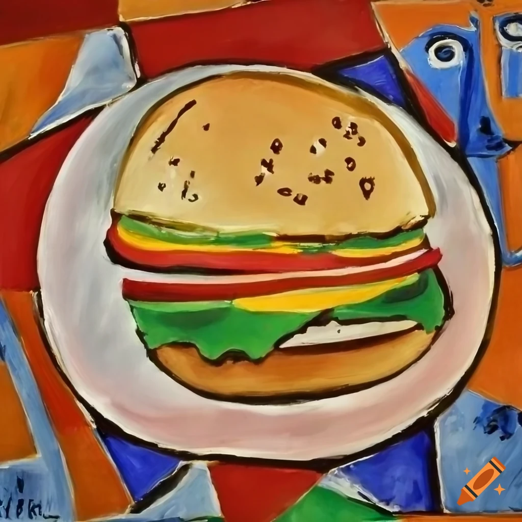 Cheeseburger on a plate in picasso's cubist style on Craiyon
