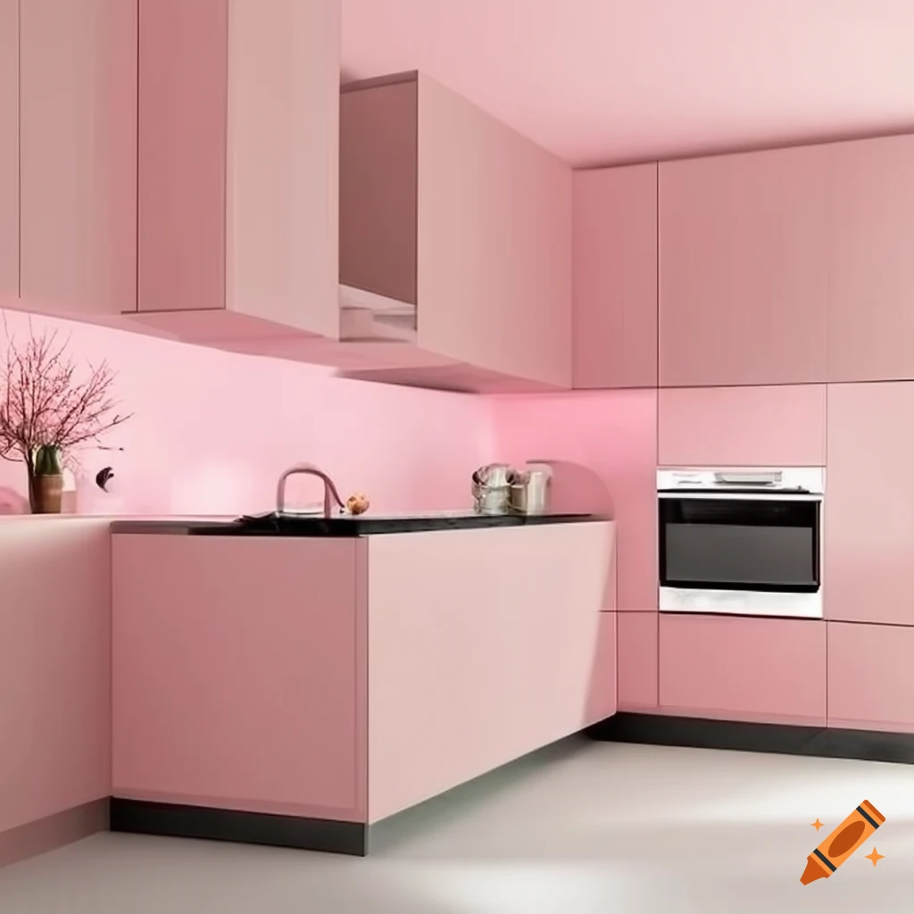 Minimalist kitchen design with natural materials in baby pink colors on ...