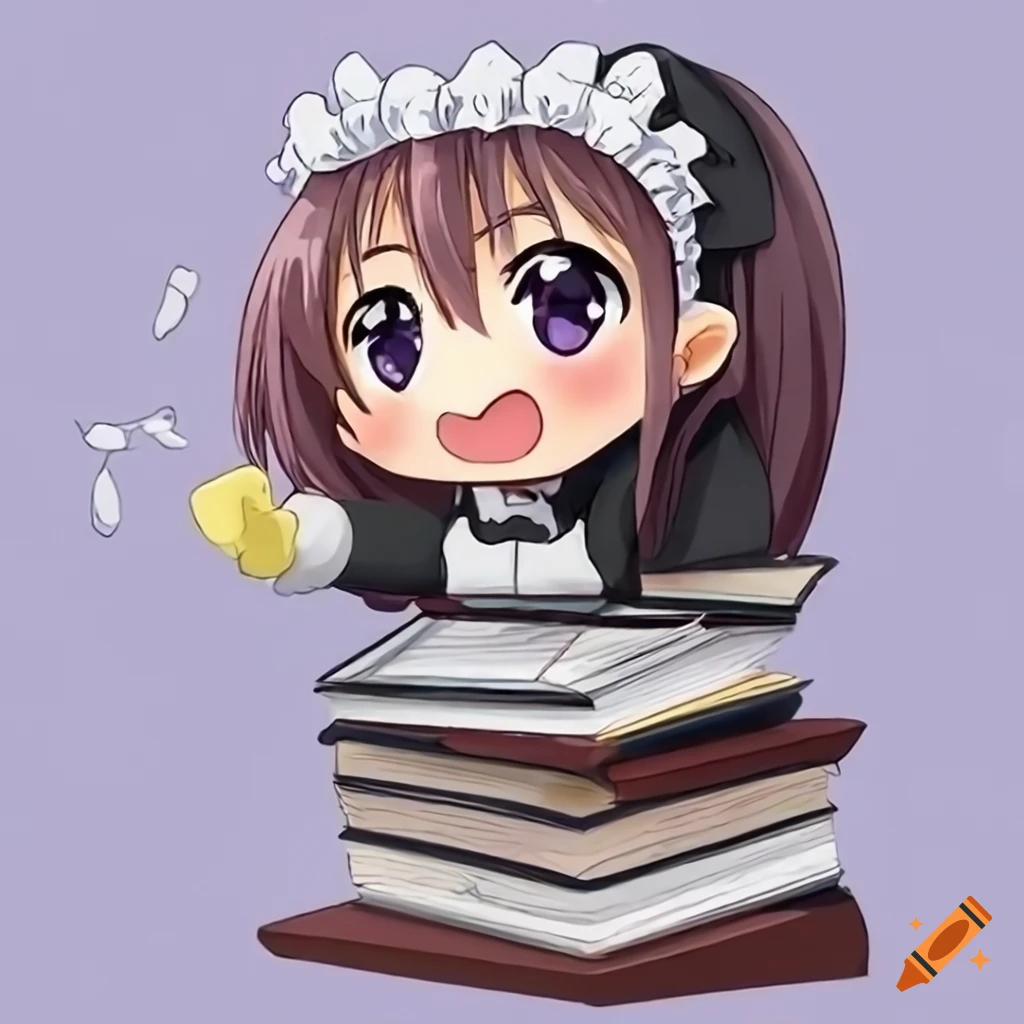 Anime chibi maid stretching on a stack of books to clean the top shelf ...