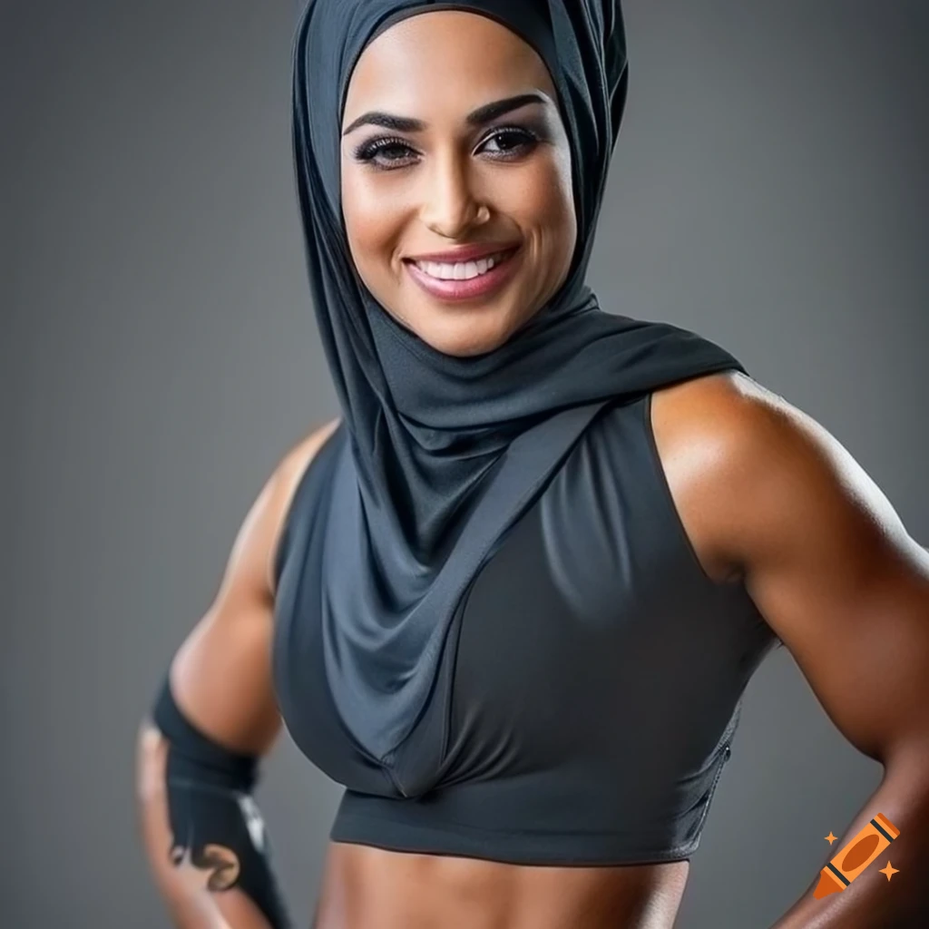 Smiling Arabian fitness model in detailed photorealistic portrait on ...