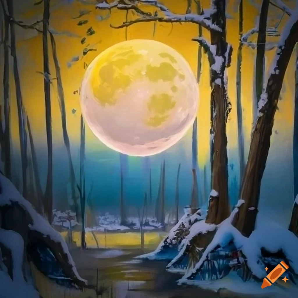 Nighttime snowed forest with bright lemon colored full moon in the sky ...