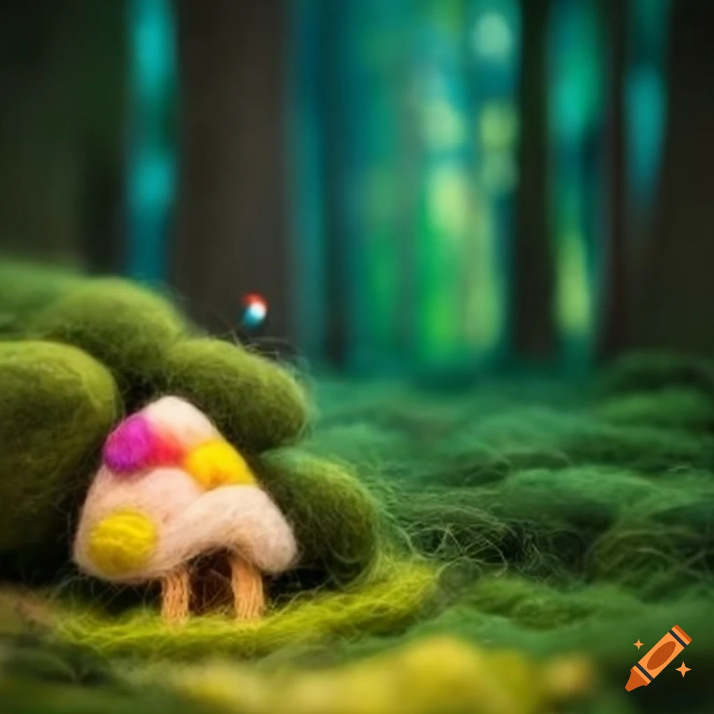 Whimsical wool felted ecosystem surrounded by forest on Craiyon