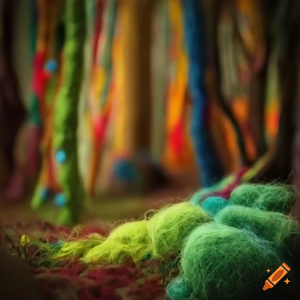 Colorful handmade wool felted ecosystem surrounded by woodland on Craiyon