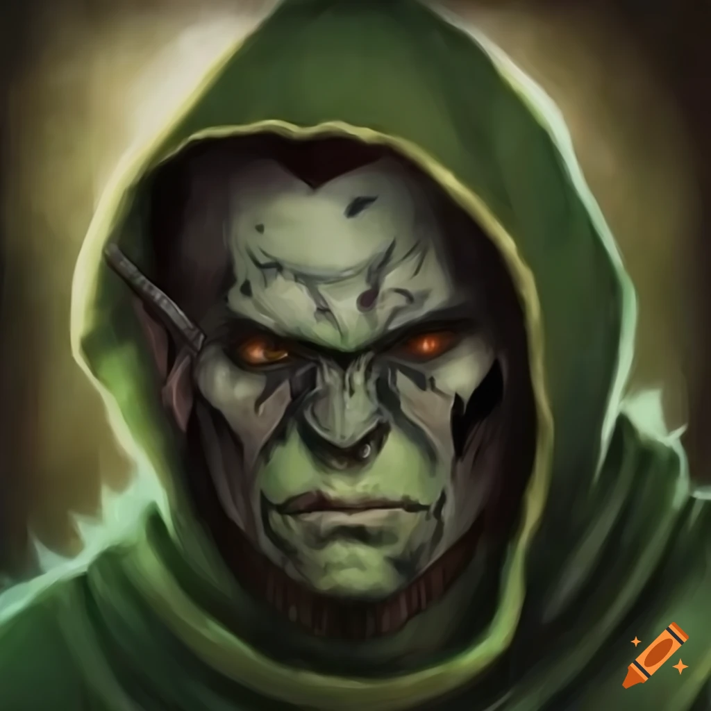 Close-up portrait of serious young half-orc with black face tattoos and ...