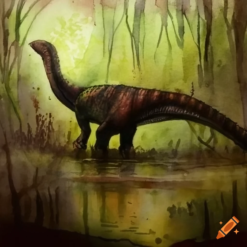 Watercolor painting of a yimenosaurus in a swamp on Craiyon