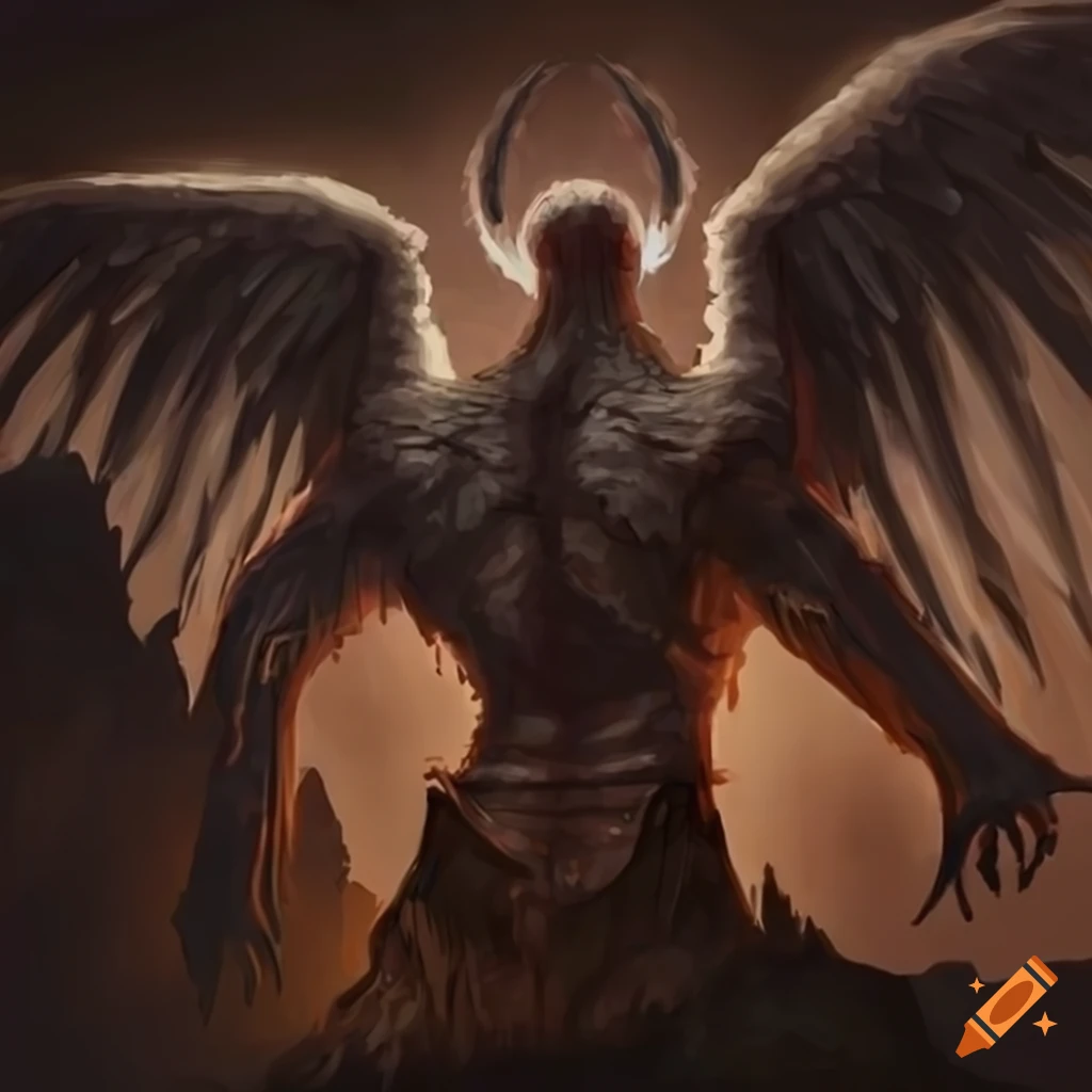 Concept art of a winged mountain demon from behind on Craiyon