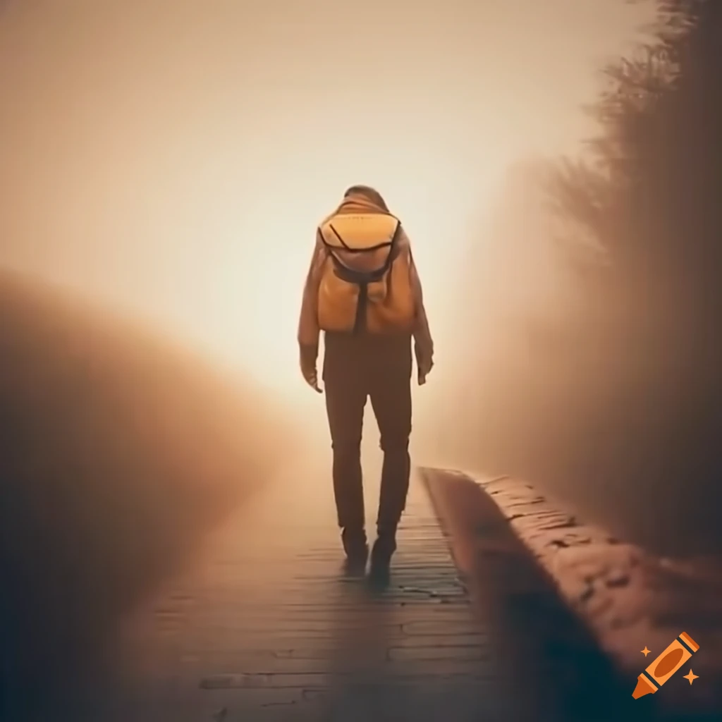 Man walking on rough terrain with determination in the early morning on ...