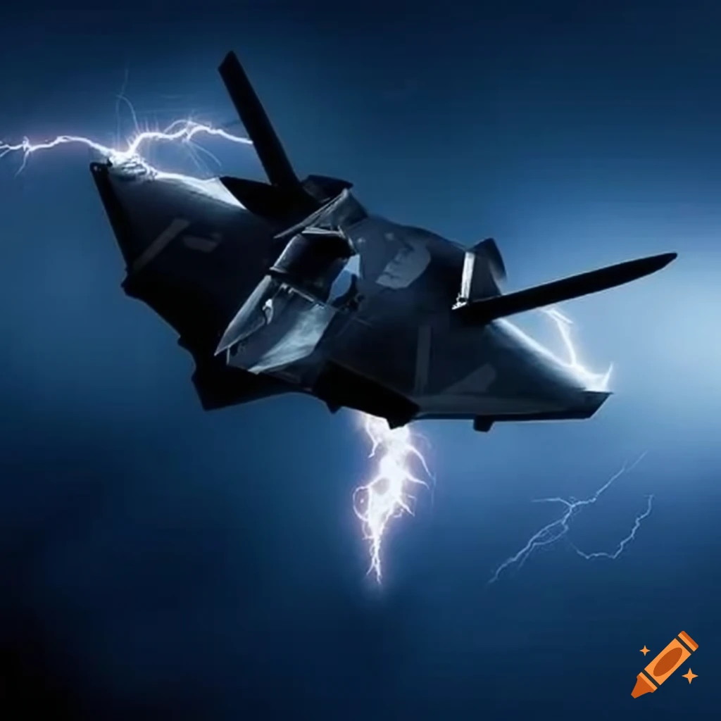 Stealth fighter jet struck by lightning in the night on Craiyon