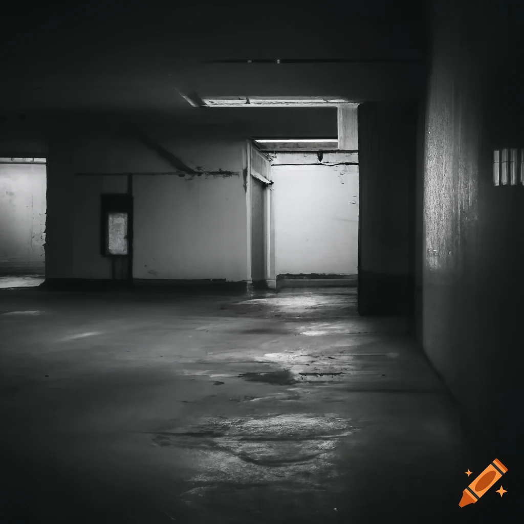 Desolate parking lot hallway with eerie shadows and darkness on Craiyon