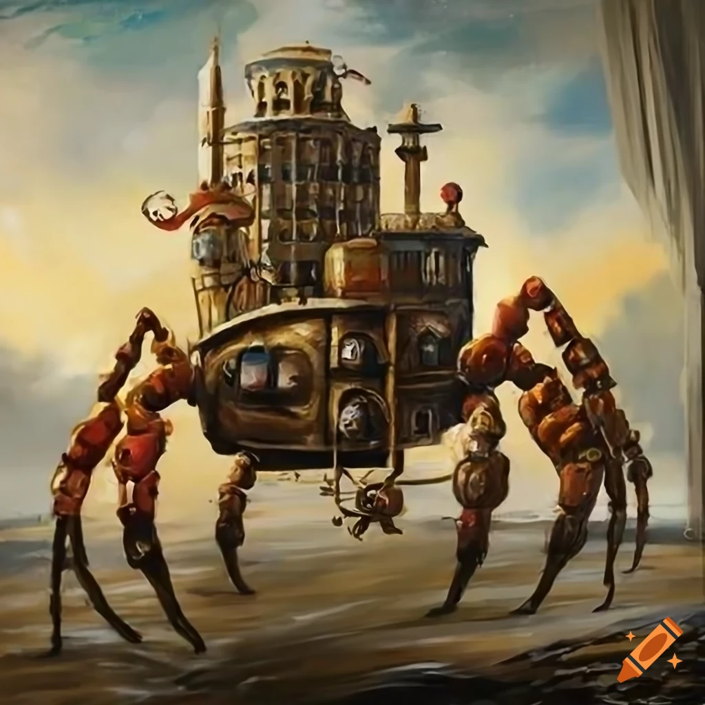 Steampunk crab machine walking across the landscape in masterful oil ...