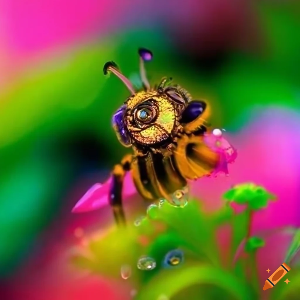 Steampunk bee on a blossoming flower in a neon-colored world on Craiyon