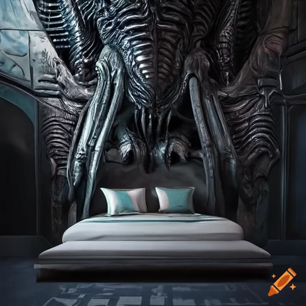 Xenomorphic themed bedroom suite with king size bed designed by giger on Craiyon