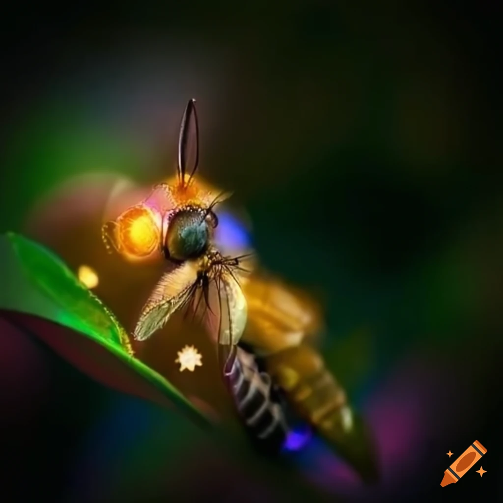 Steampunk bee on a blossoming flower in a neon-colored world on Craiyon