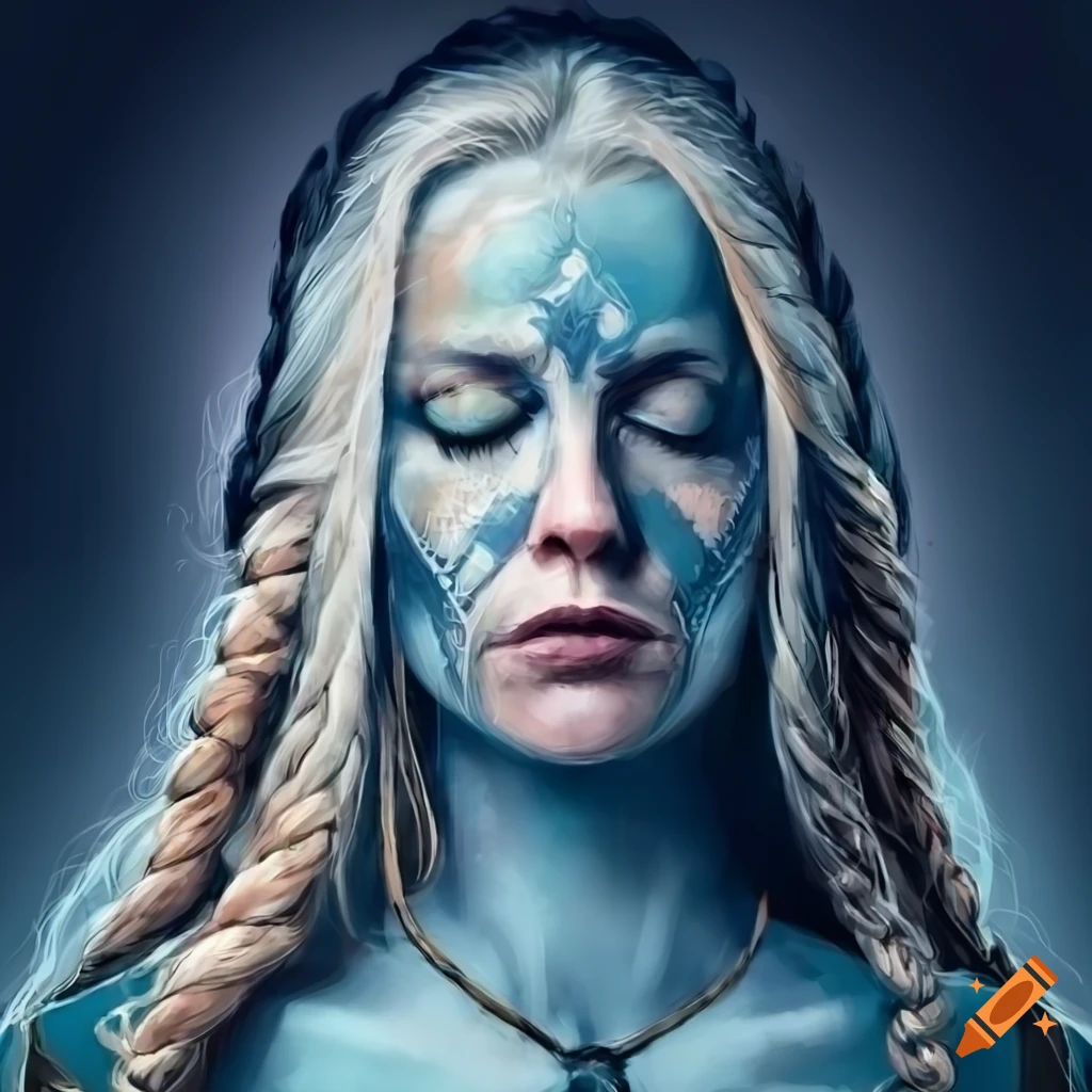 Portrait of Norse Shieldmaiden in silent prayer with striking Nordic war paint on Craiyon