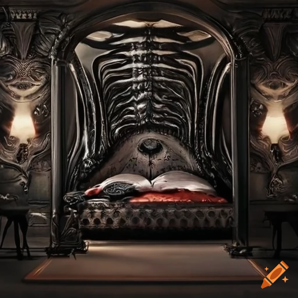 Xenomorphic themed bedroom suite with a king size bed designed by giger ...