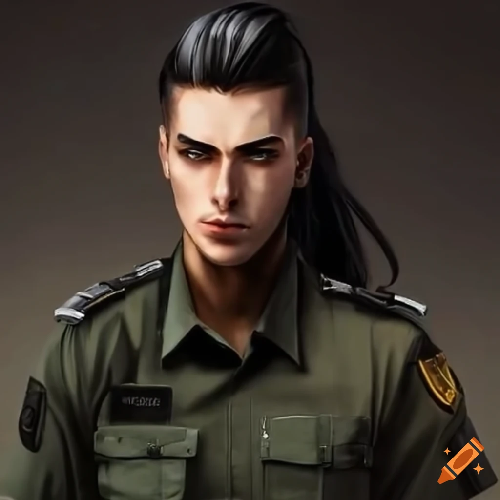 Stylish brazilian military police man with long tied black hair on Craiyon
