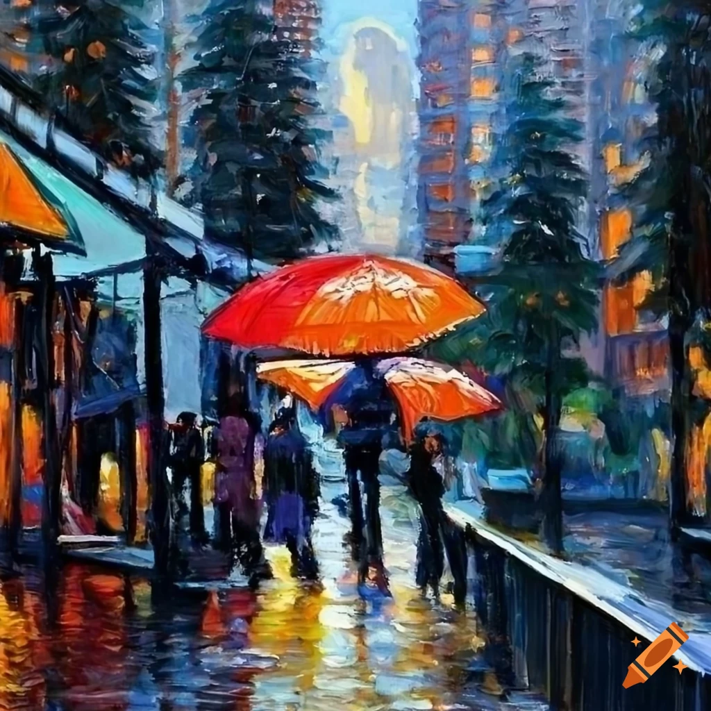 Vancouver cityscape with bridges, rain, umbrellas, buses, and people in ...