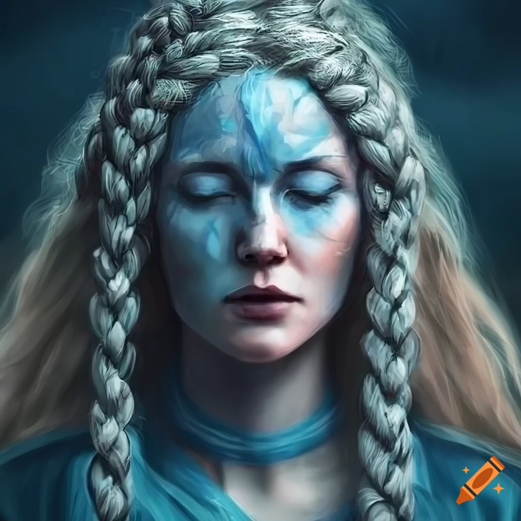 Portrait of shieldmaiden with braided blond hair and Nordic war paint ...