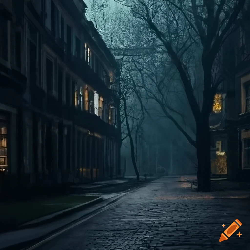 Dark urban street with oak trees and shops at night on Craiyon