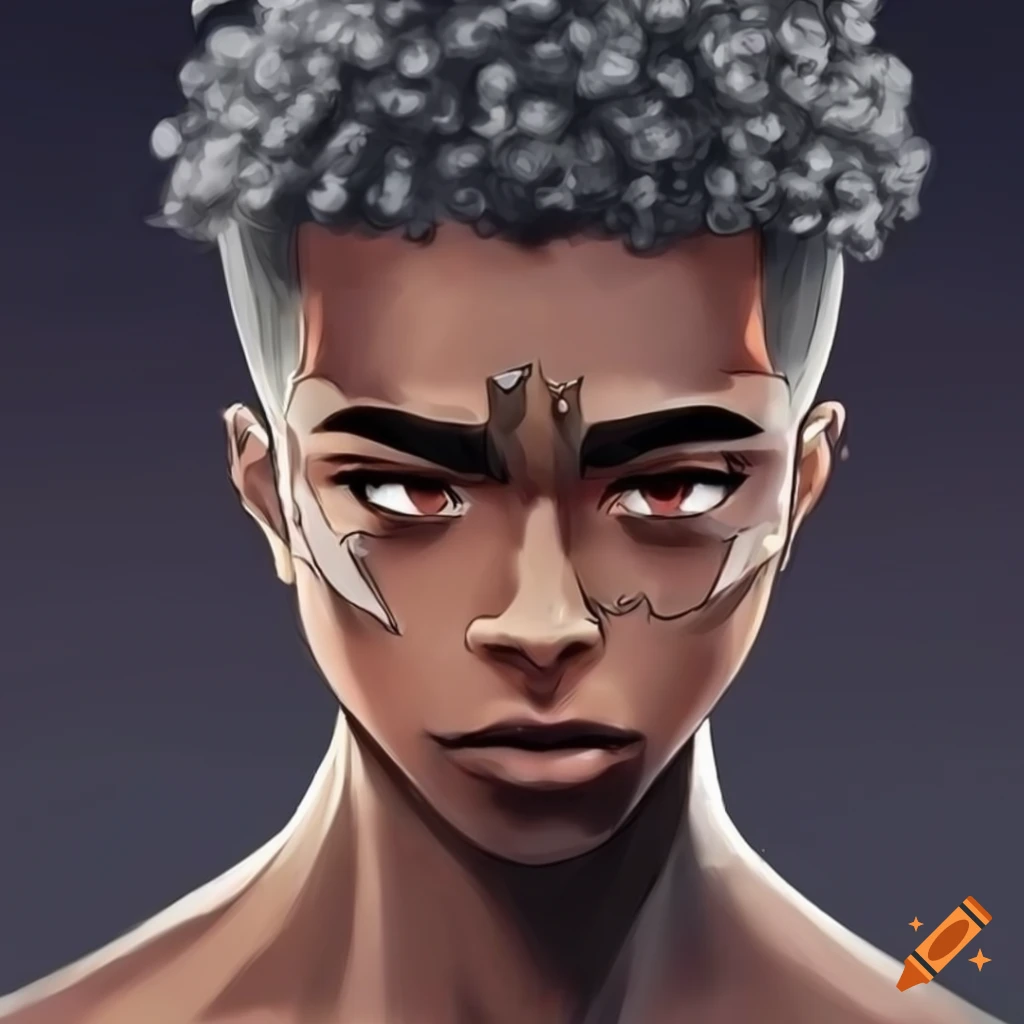 Japanese anime-inspired male character with dark brown skin and curly ...