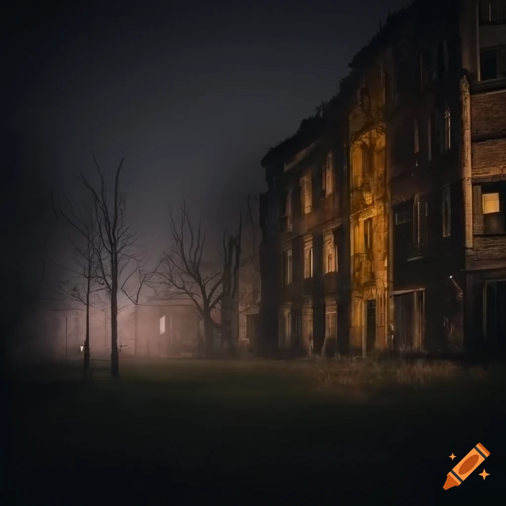 Atmospheric nighttime shot of a desolate urban park with dilapidated ...