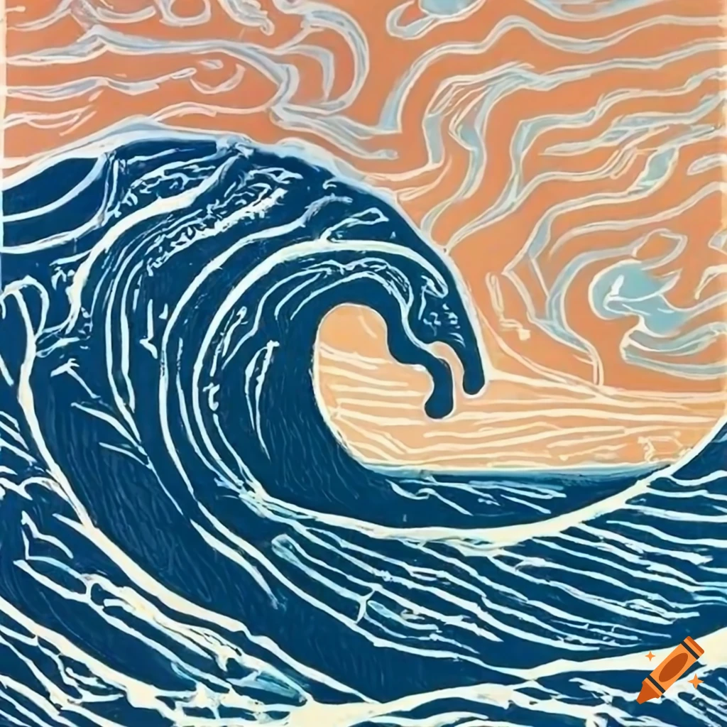 Linocut of water waves on Craiyon