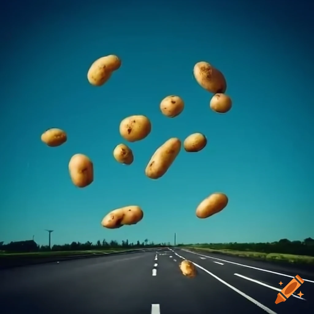 Potatoes falling from the sky on an interstate road on Craiyon