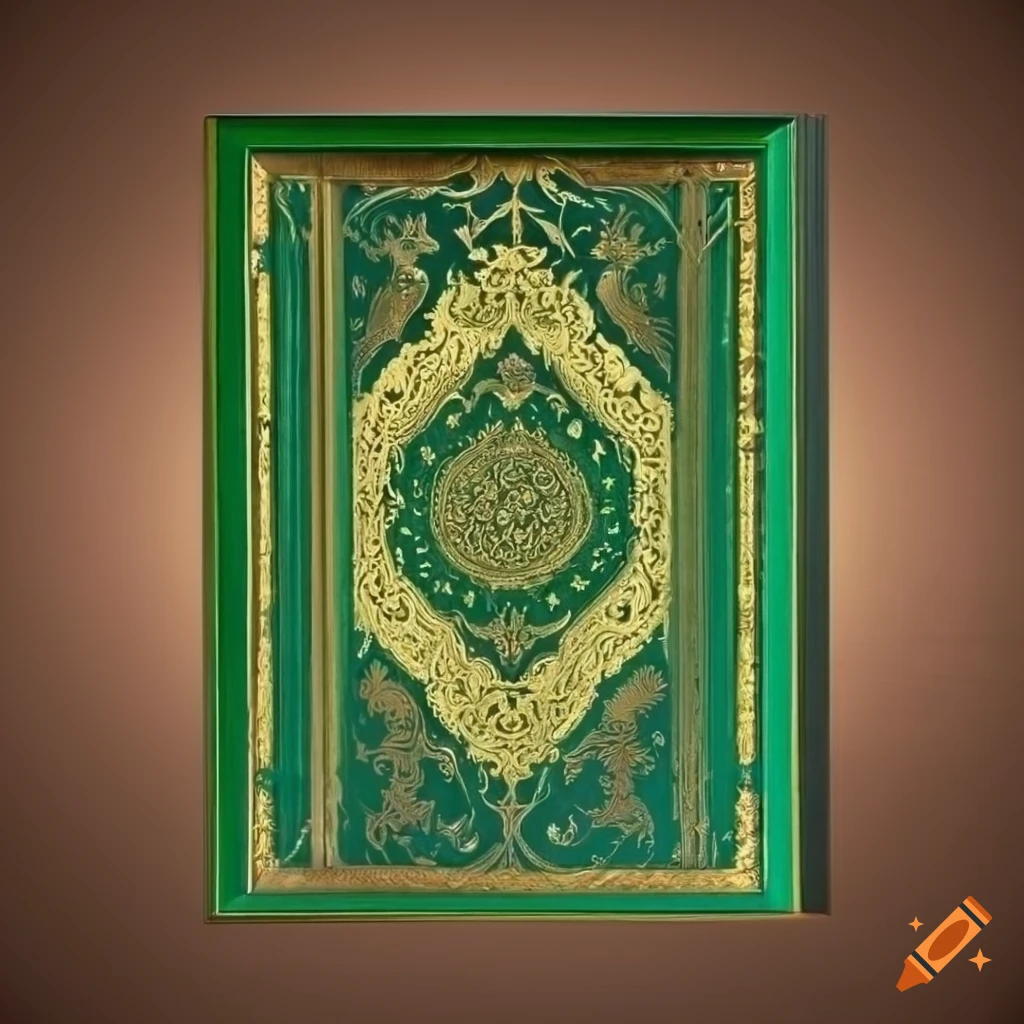 Green quran with gold patterns on wooden background on Craiyon