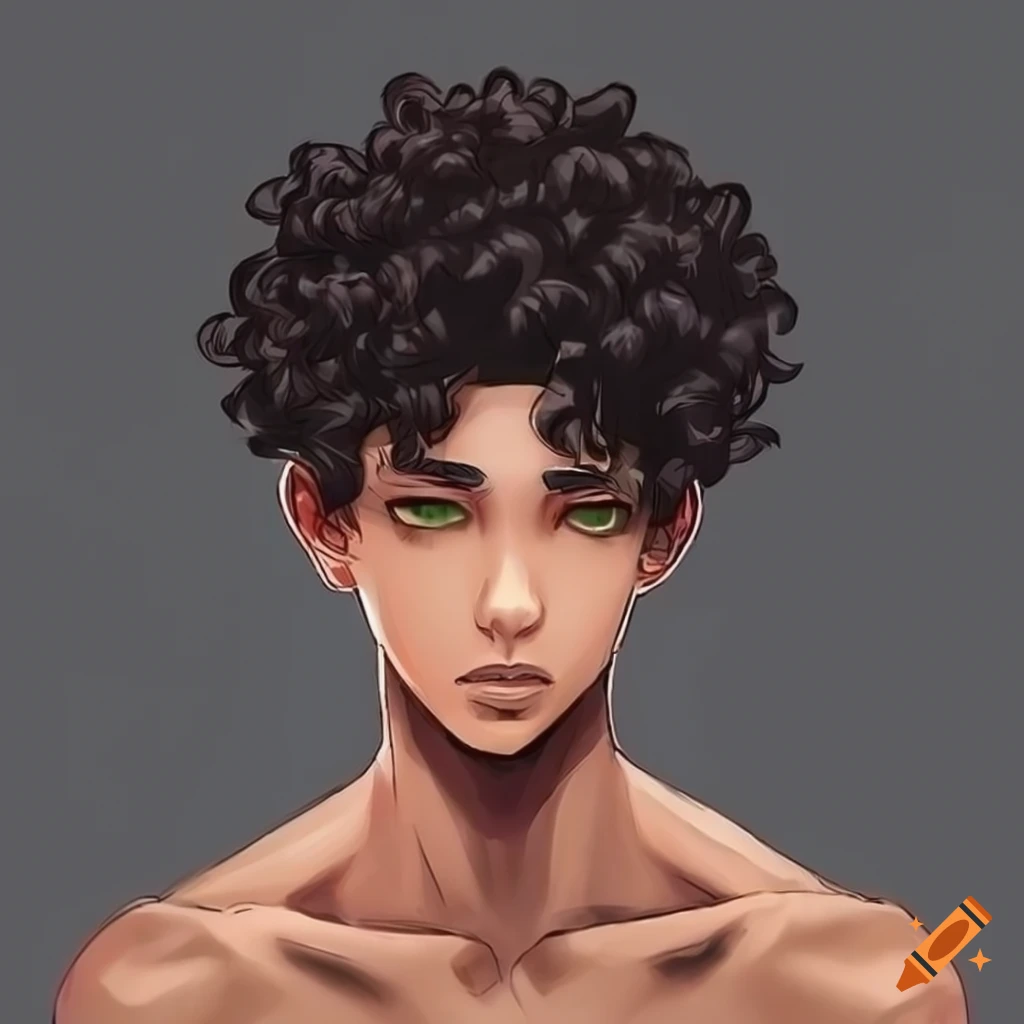 Japanese anime-inspired male character with dark brown skin and curly ...