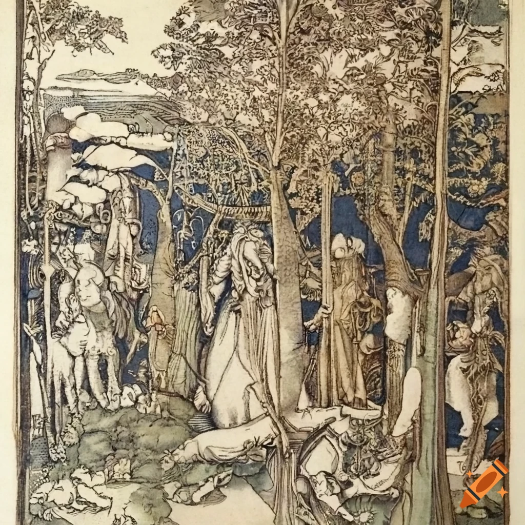 Elaborate artwork of middle-earth scene with beautiful elves on Craiyon