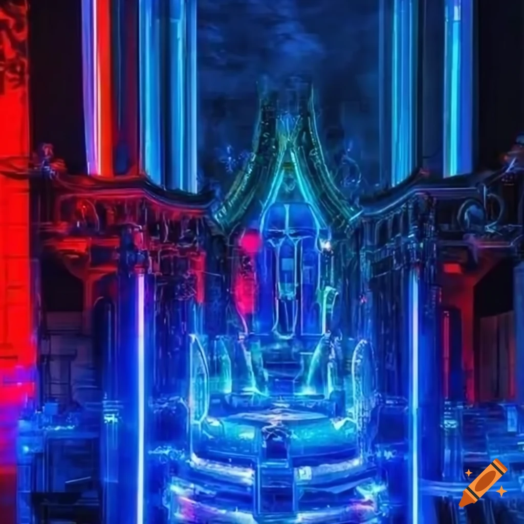 Futuristic neon-lit throne in a high-tech city on Craiyon