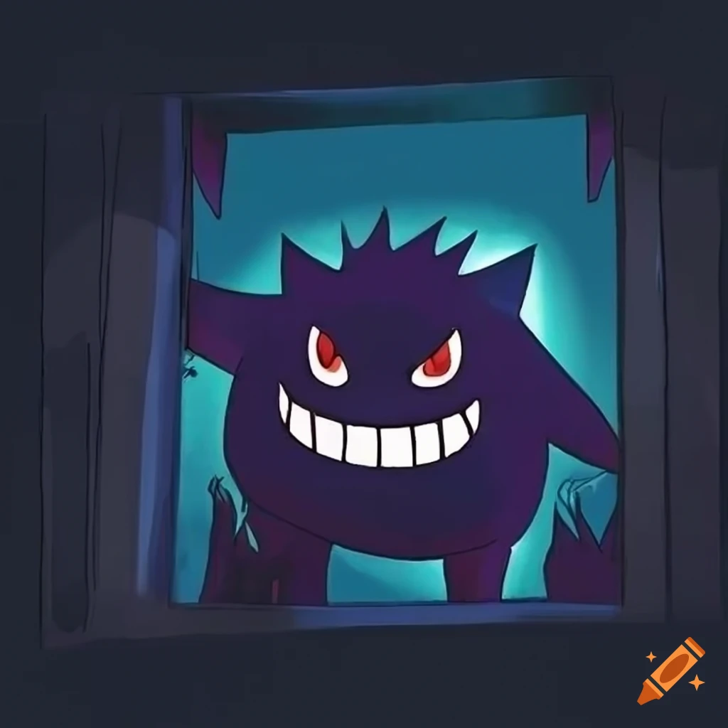 Pop Art style depiction of Gengar in a haunted house on Craiyon