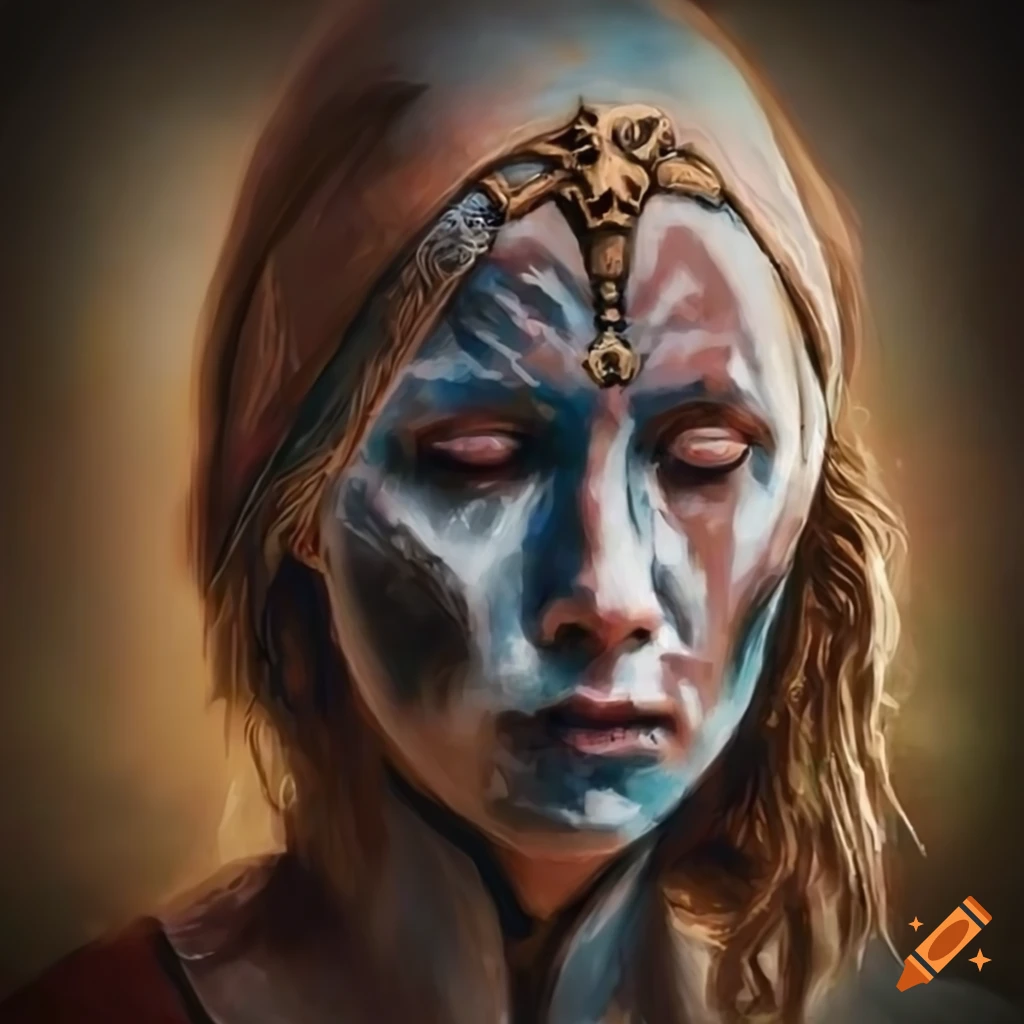 Portrait of norse shieldmaiden with closed eyes in silent prayer ...