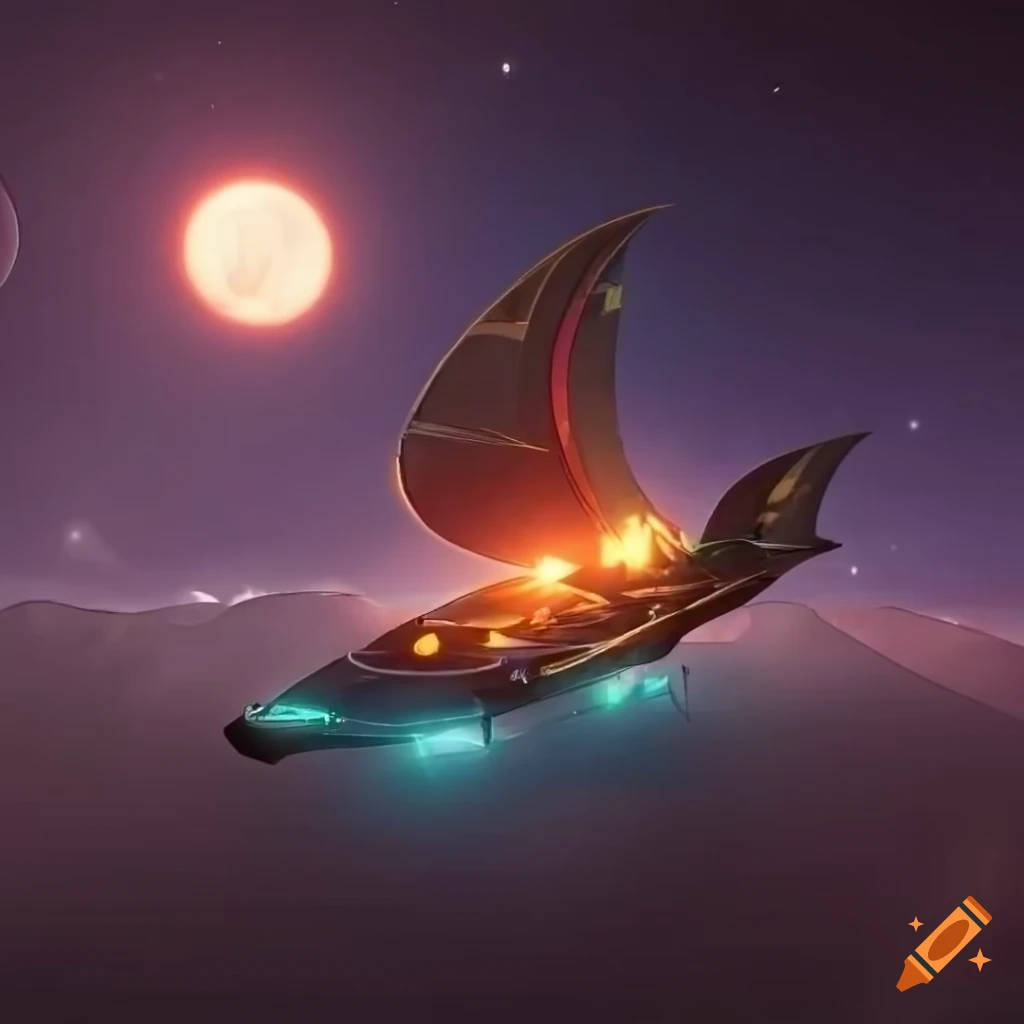 Solar punk ship with rocket engines flying by stars, planet, and moon ...