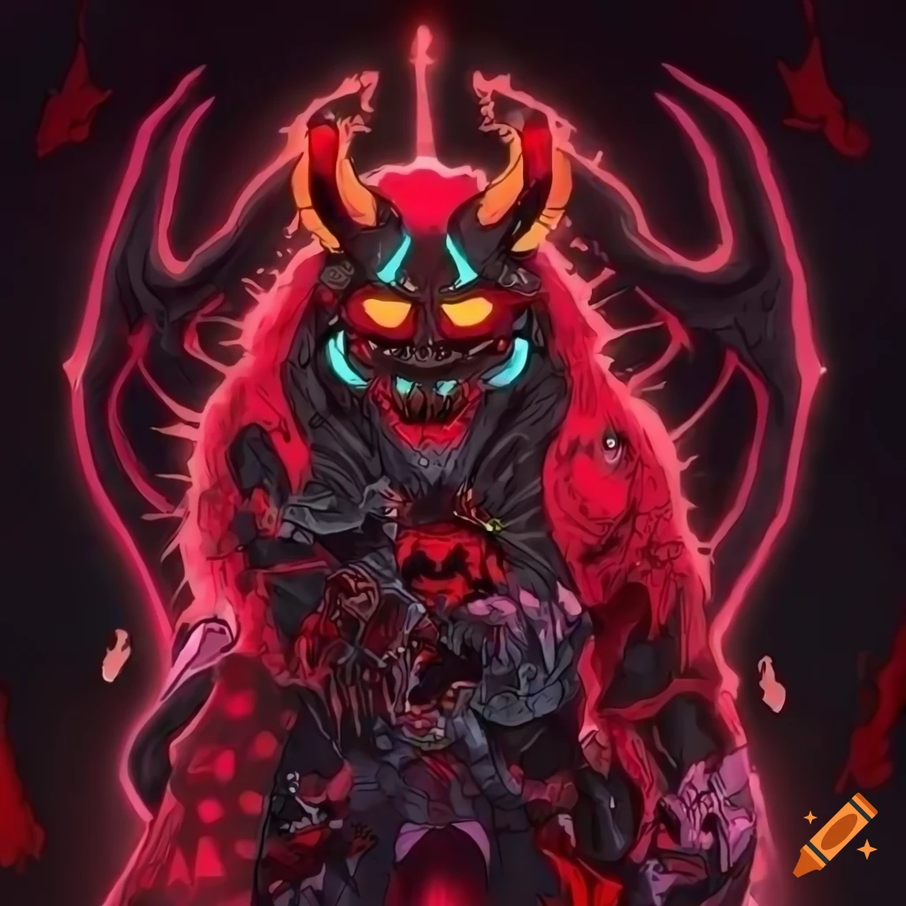 Fantastical cybernetic demonic red panda hannya hybrid in a cel-shaded fantasy art style on Craiyon