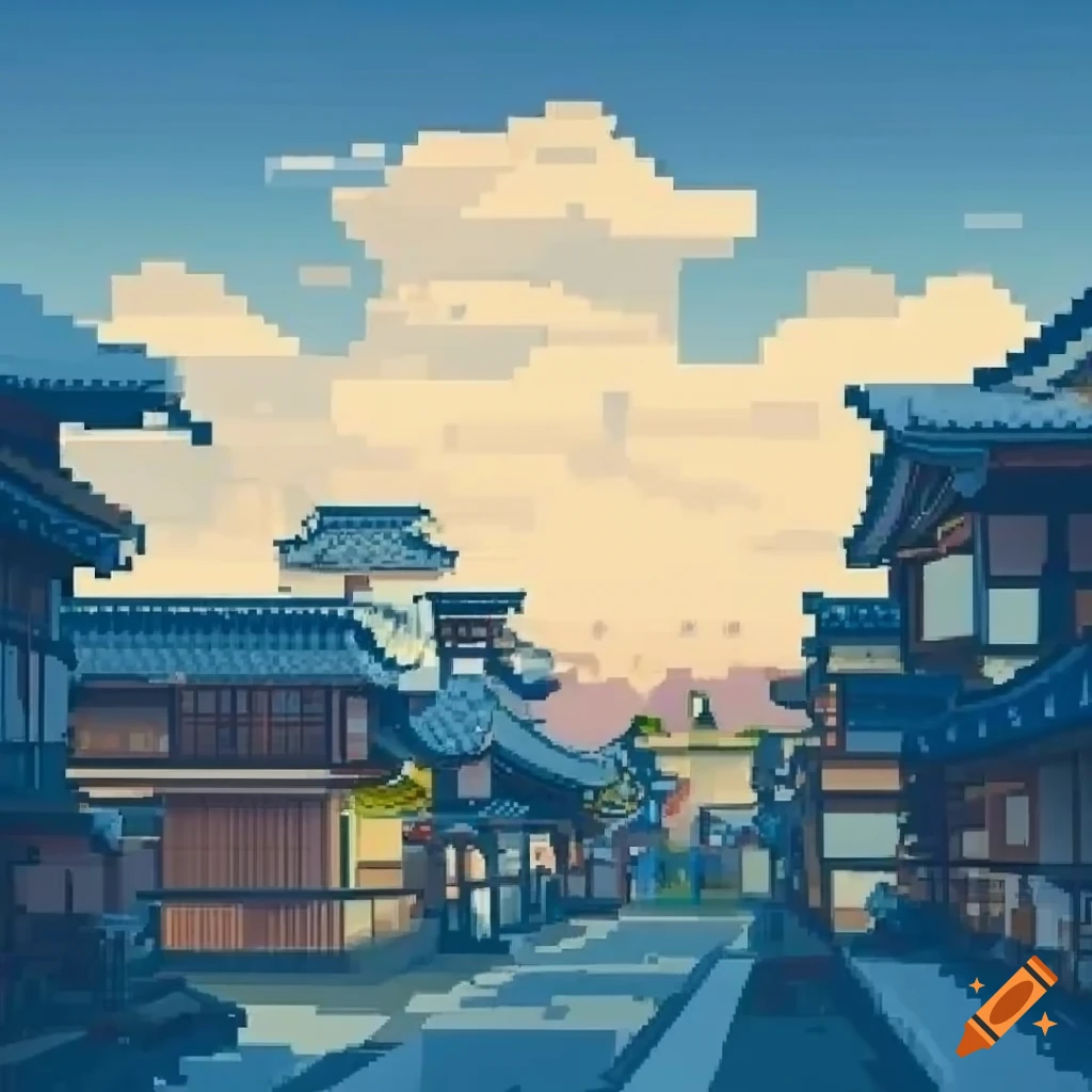 Pixel cloud over a cozy japanese pixel town on Craiyon