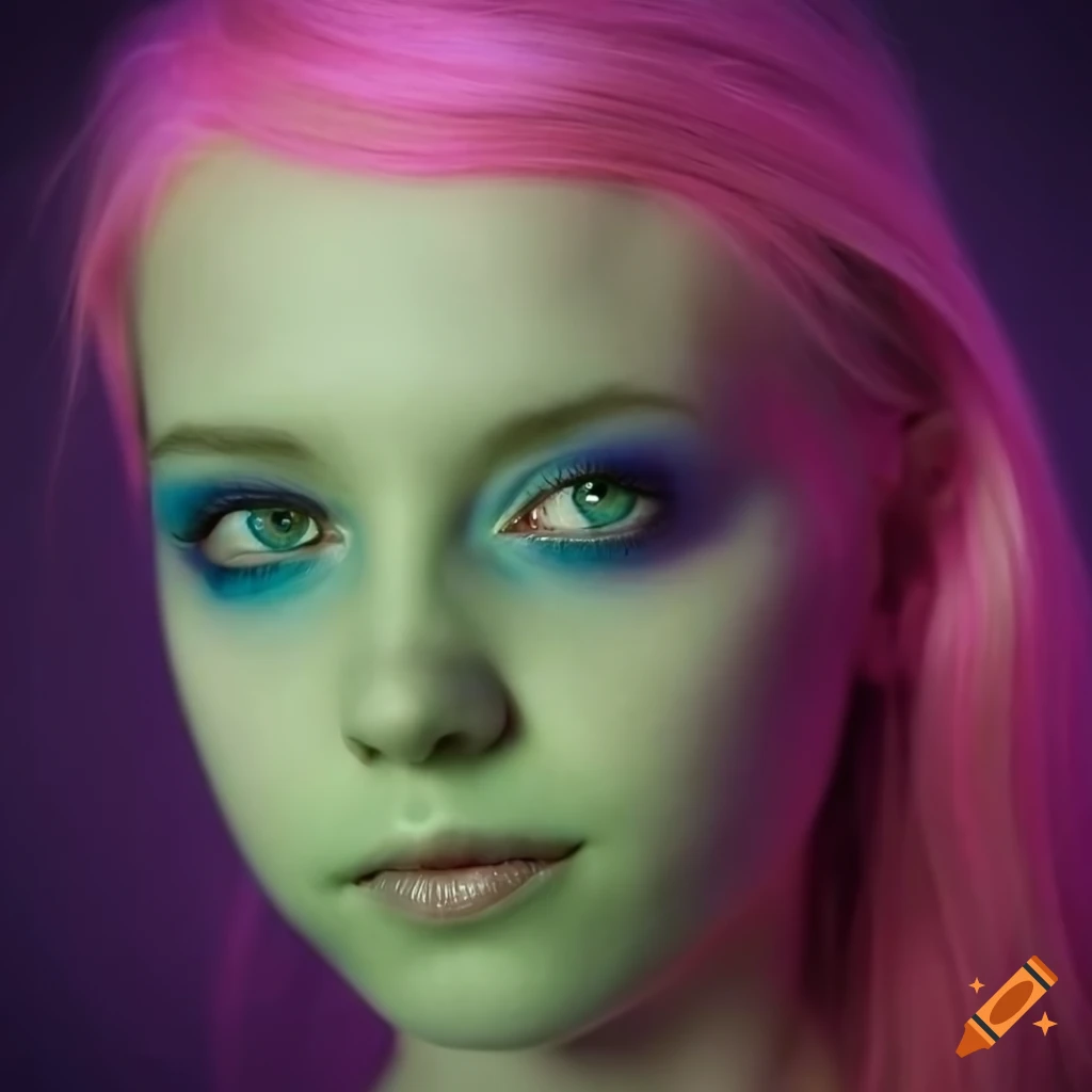 Portrait of a beautiful alien girl with green skin, purple eyes, and ...