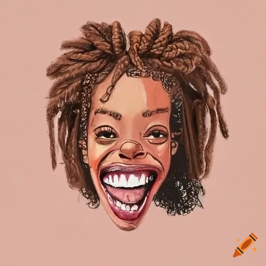 Hand-drawn pastel crayon portrait of smiling adult female with braided ...