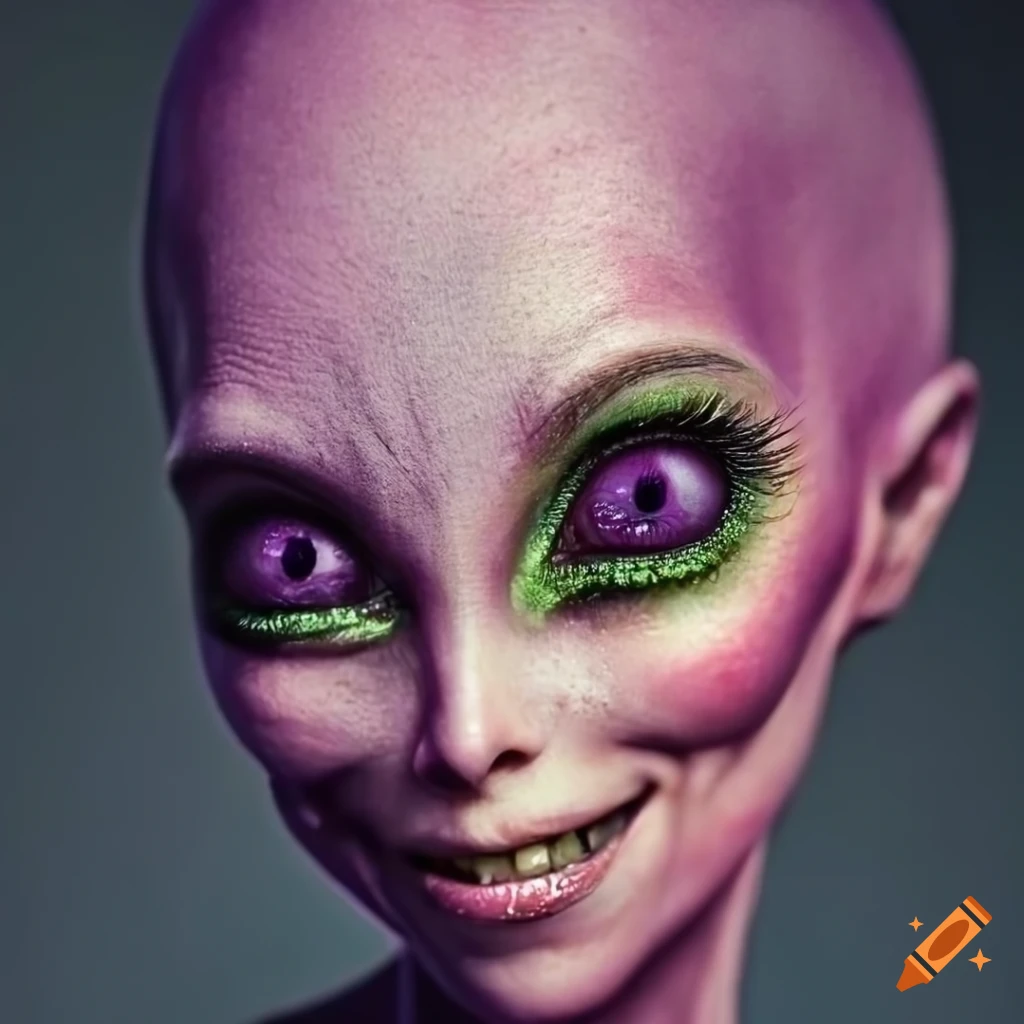 Portrait of a beautiful alien with green skin, purple eyes, and pink hair smiling warmly on Craiyon