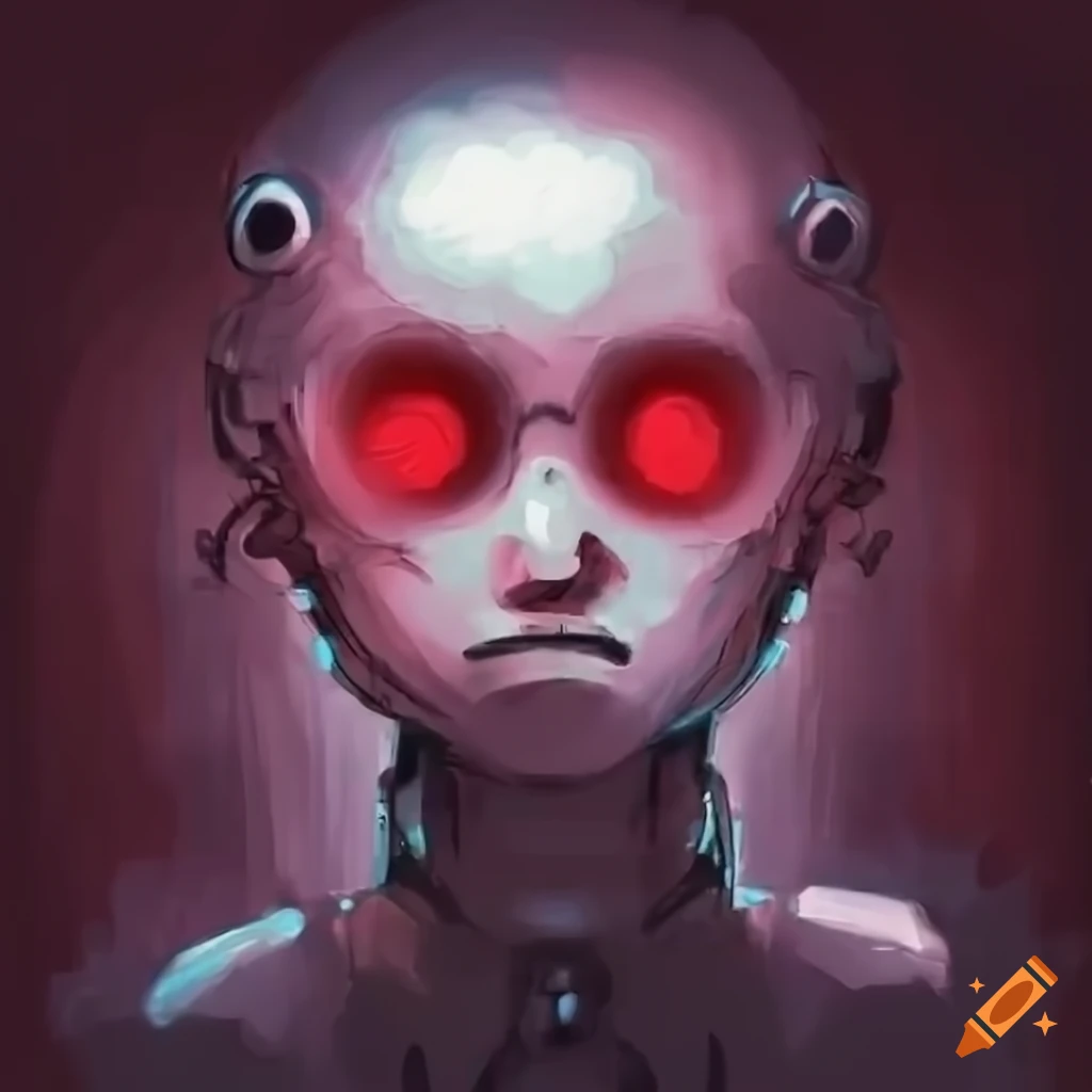 Cute white robot with angry expression in a dynamic red-themed ...