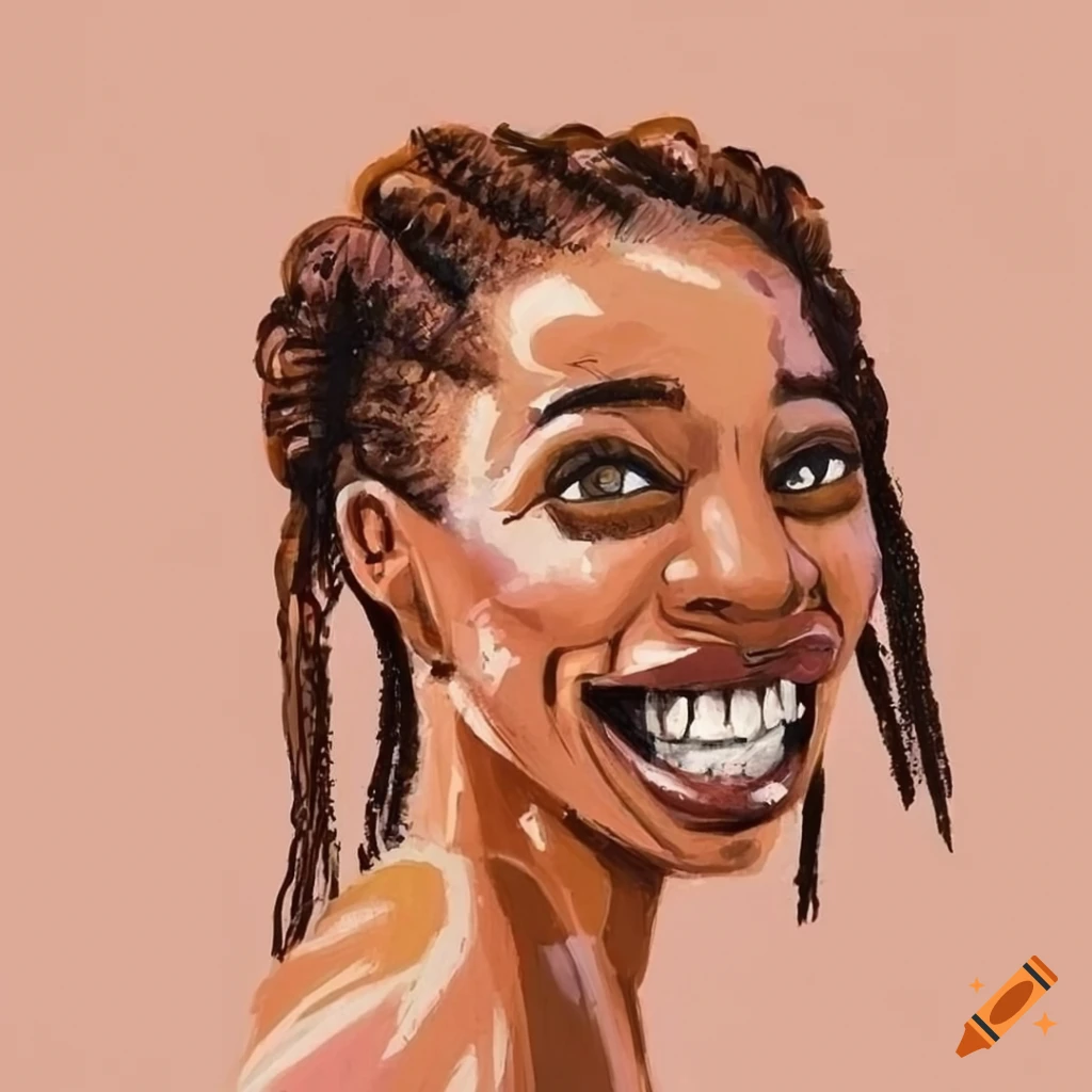 Hand-drawn pastel crayon portrait of smiling adult female with braided ...