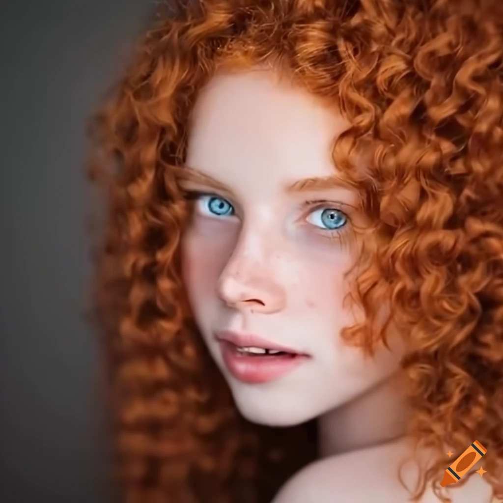 Portrait Of A Beautiful Redhead Girl With Curly Hair Freckles And Blue Eyes On Craiyon