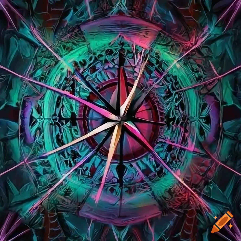 Compass on a spider web with muted colors in acrylic on Craiyon