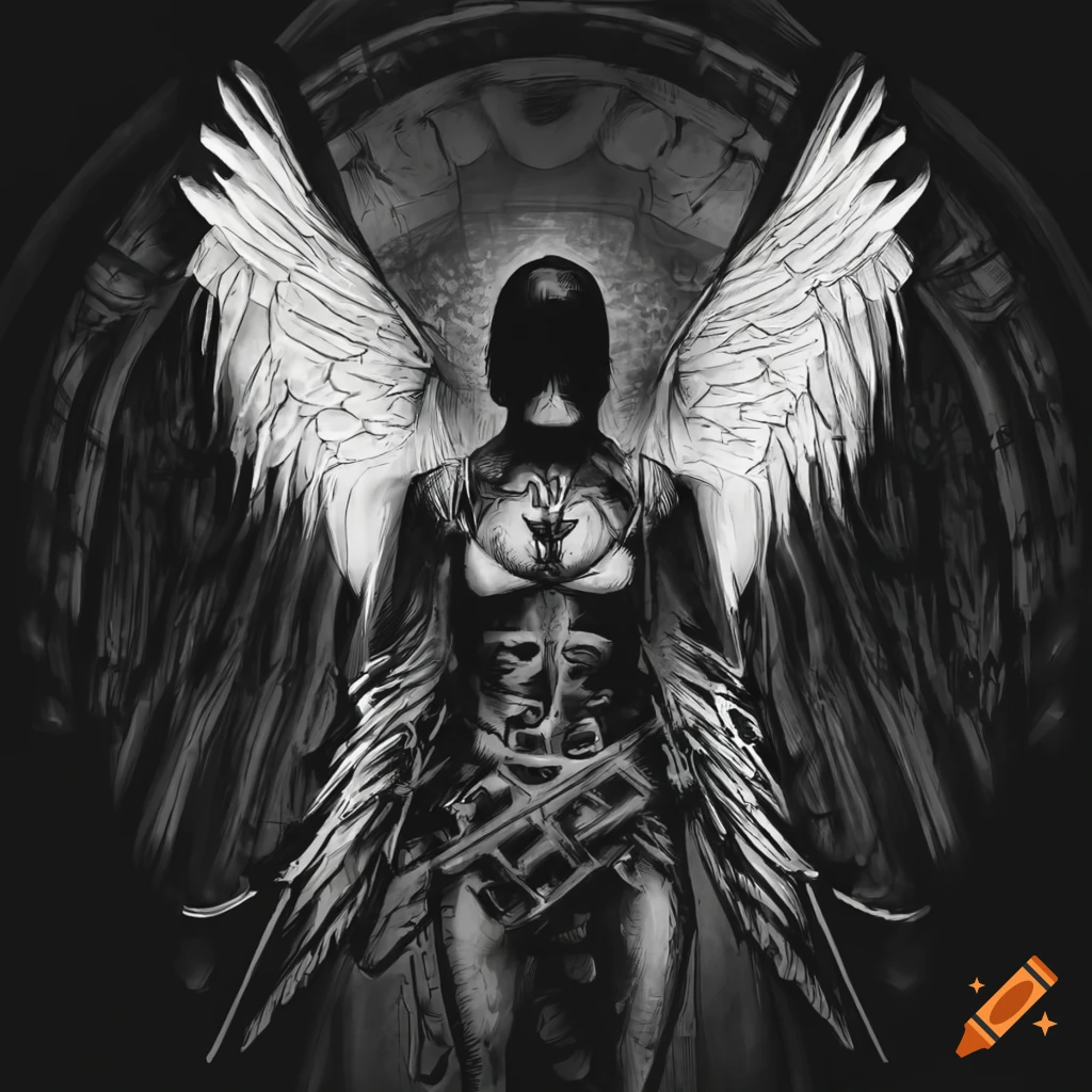 Blindfolded dark angel with half-heart shaped wings aiming with a high ...