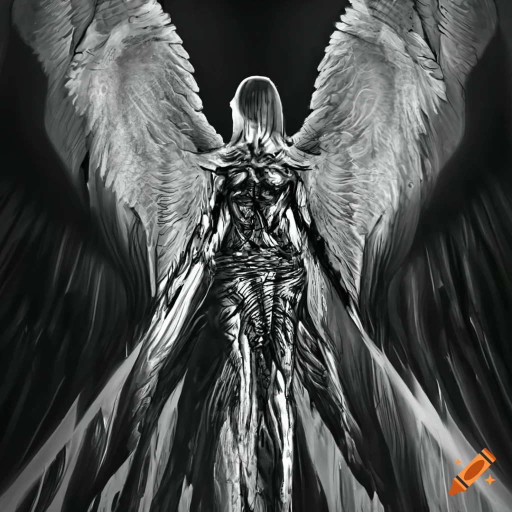 Dark angel in high contrast black and white illustration on Craiyon