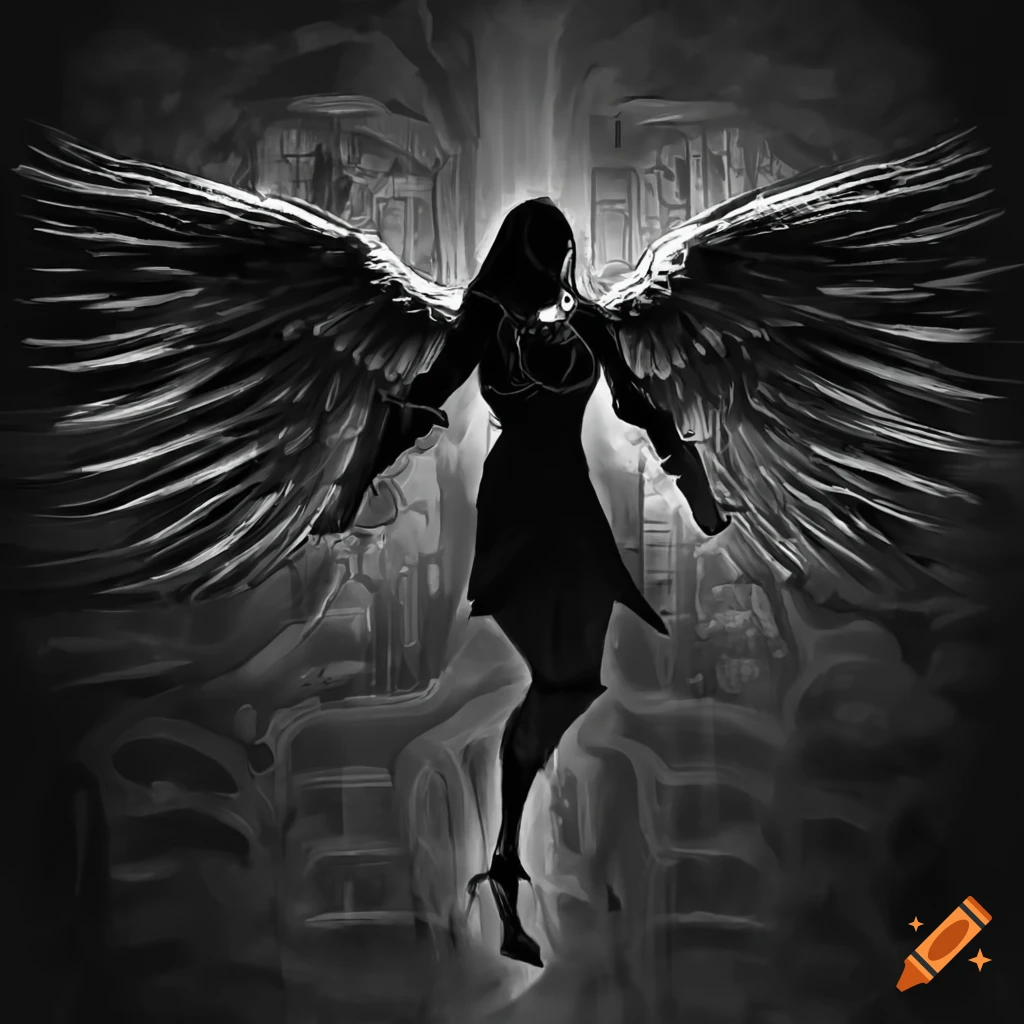 Dark angel with heart shaped wings in high contrast black and white on ...